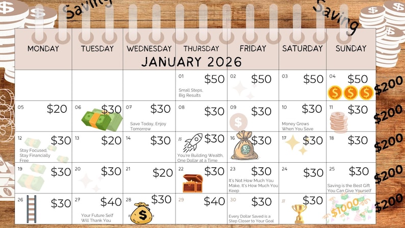 2026 Savings Challenge Calendar | 1,000 Goal | 30-day Savings Plan ...