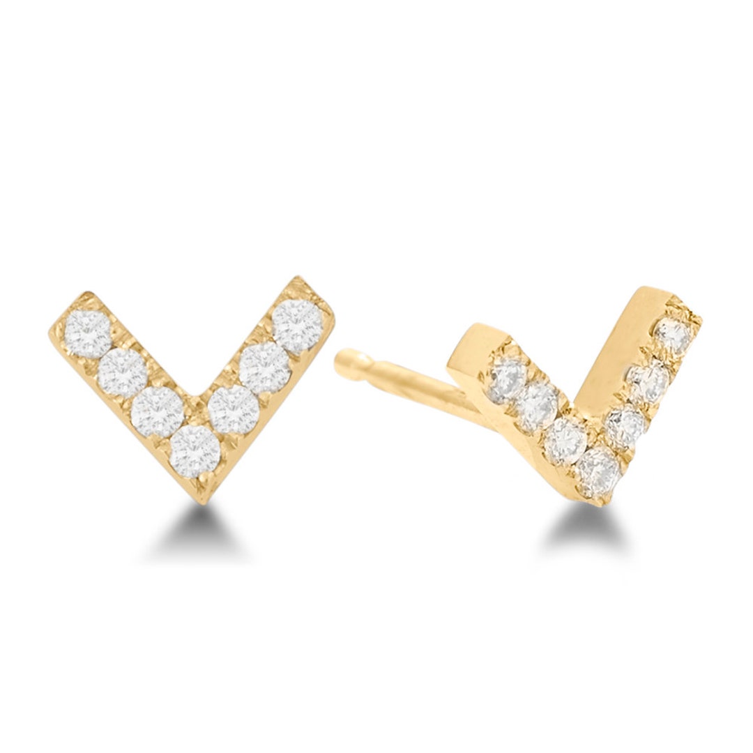 Diamond V Shape Stud Earring - 14k Solid Gold Stud Earring - Etsy