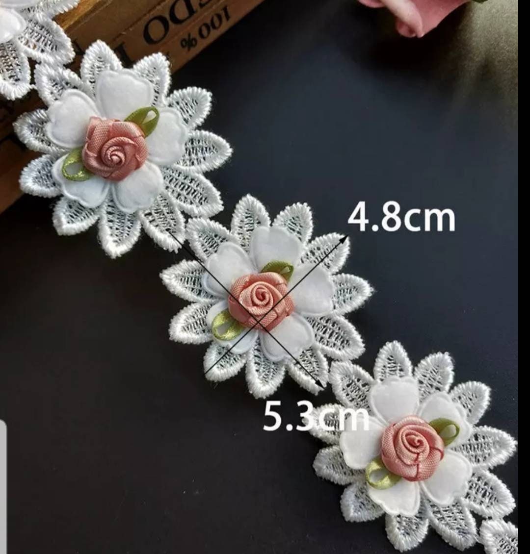 1 Yard of White Pearl Beaded Flower Applique Ribbon. Floral | Etsy