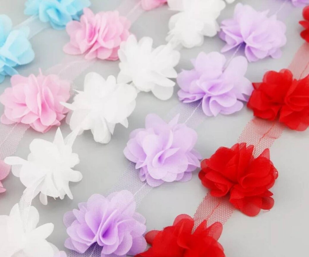 10 Pcs of Chiffon Fabric Flowers on Lace Perfect for Hair Accessories ...