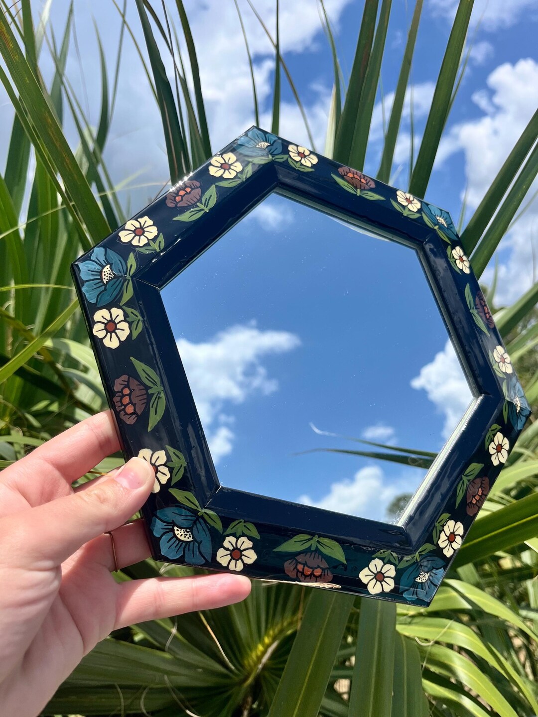 Botanical Mirror With Handpainted Flowers | Retro Mirror Wall Hanging ...