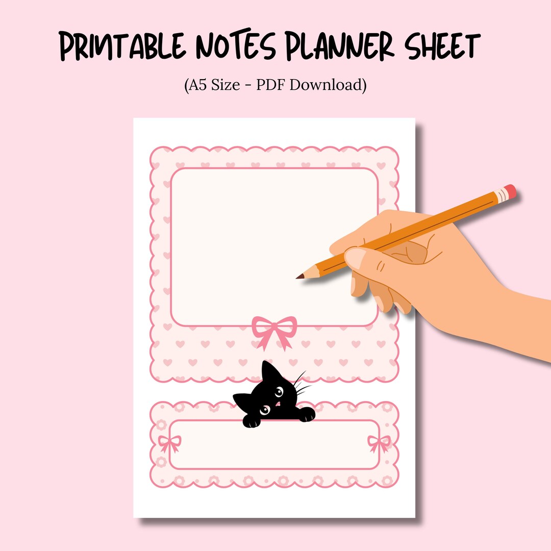 Black Cat A5 Notes Sheet: Kawaii Pink Stationery (digital Download) - Etsy