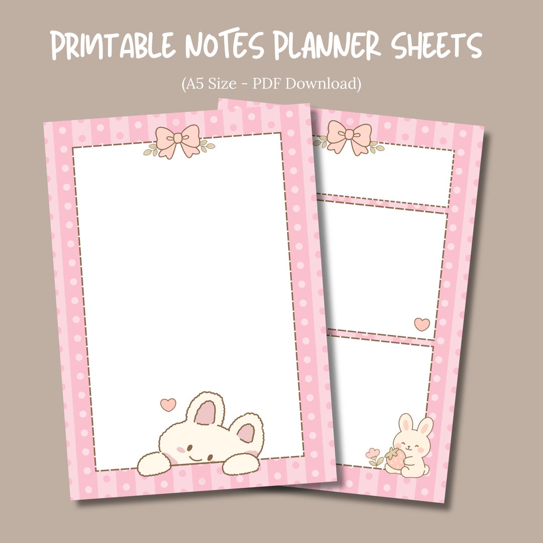Pink Bunny A5 Notes Page | Cute Pastel Printable (PDF Download) - Etsy