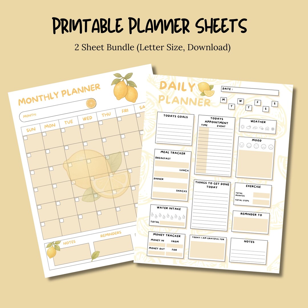 Lemon Printable Planner | Daily & Monthly Organizer (PDF Download) - Etsy