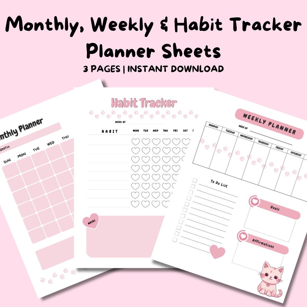 Cute Pink Cat Planner Bundle, Printable Planner Pages, Weekly Planner ...