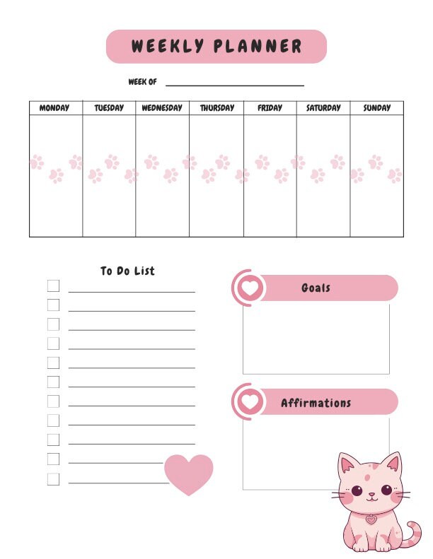 Cute Pink Cat Planner Bundle, Printable Planner Pages, Weekly Planner ...
