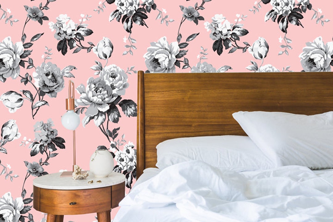 Pink Floral Remove Wallpaper, Peel and Stick Gray Peonies Wall Paper ...