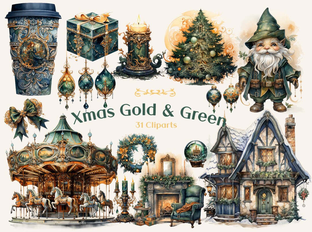 Christmas Clipart Emerald Gold Watercolor PNG Template Holiday ...