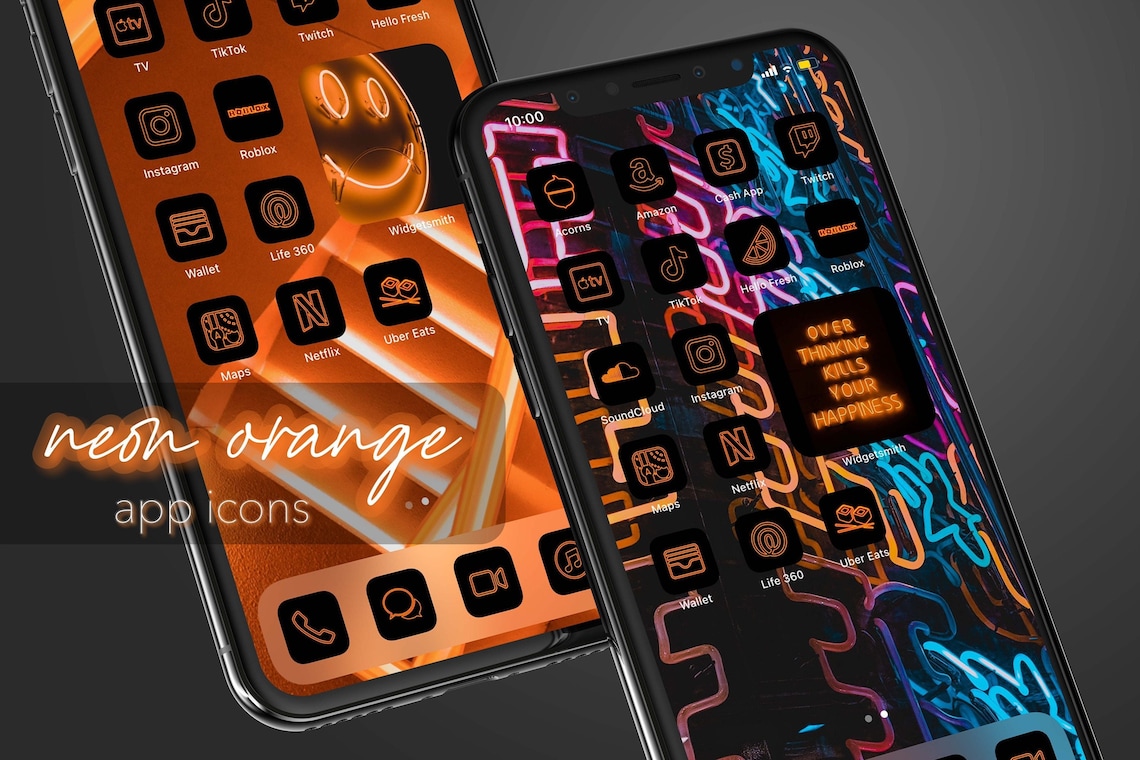 Neon Orange App Icons Black Minimal Glow Trendy Theme | Etsy