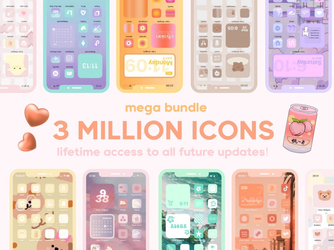 MEGA Bundle App Icons, Kawaii, Pink, Peachy, Baby Blue, Yellow, Summer, Spring, Lilac, Cute ...