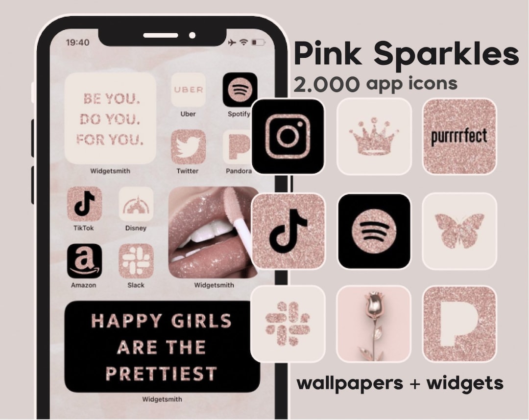 Pink Sparkles App Icons | Glitter Pink, Cream, Black, Rose Gold Icons ...