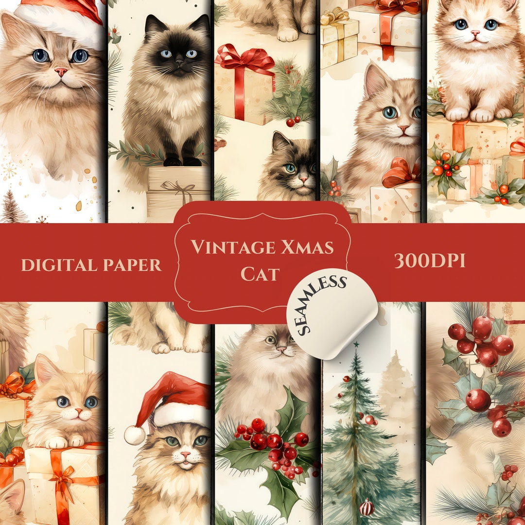10 Watercolor Vintage Cat Christmas Digital Papers Seamless Pattern Pet ...