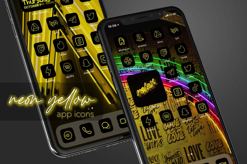 Neon Yellow App Icons Black Minimal Glow Trendy Theme - Etsy