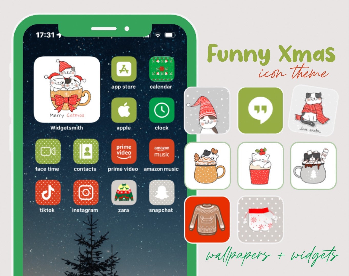 App Icons Funny Xmas, Green, Red, Cute Cats Illustrations, Christmas ...