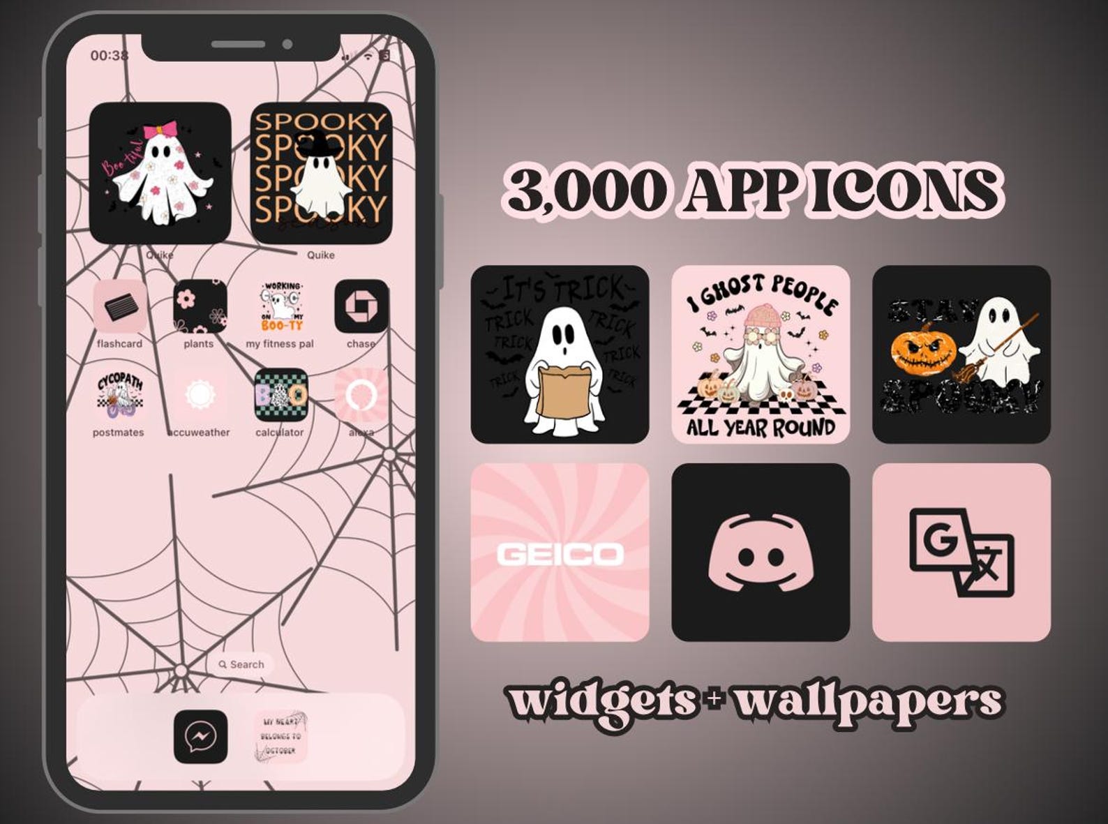 App Icons Retro Halloween, Pink, Orange, Black Ghost Web Widget ...
