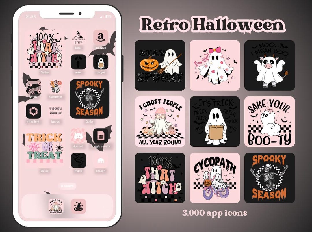 App Icons Retro Halloween, Pink, Orange, Black Ghost Web Widget ...