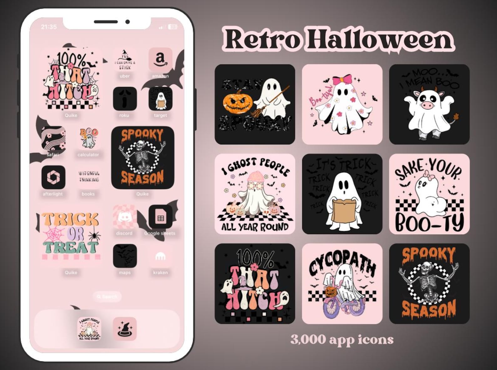 App Icons Retro Halloween, Pink, Orange, Black Ghost Web Widget ...