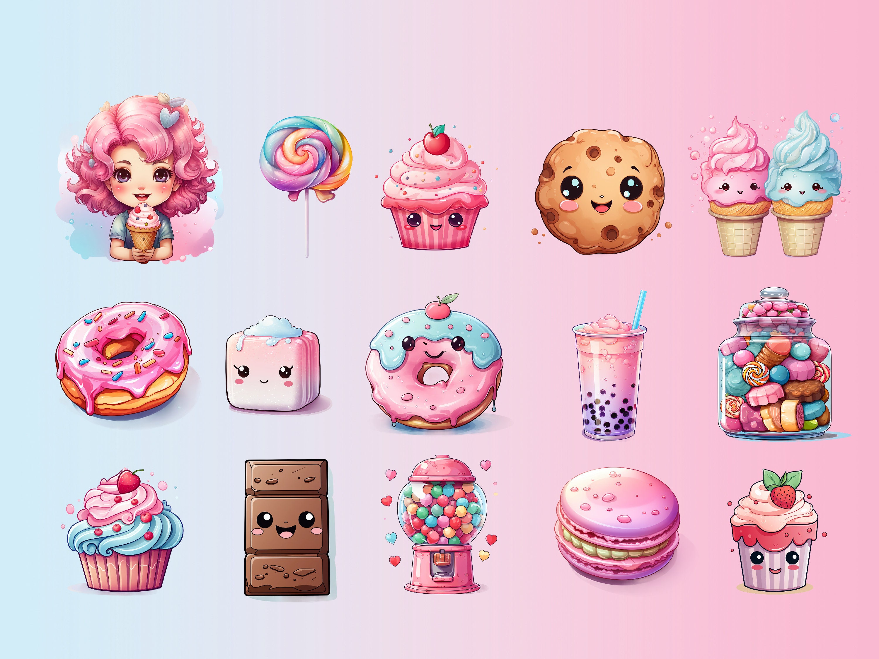 Clipart Kawaii Sweets PNG Files, Cute Cake Candy Strawberry, Chocolate ...