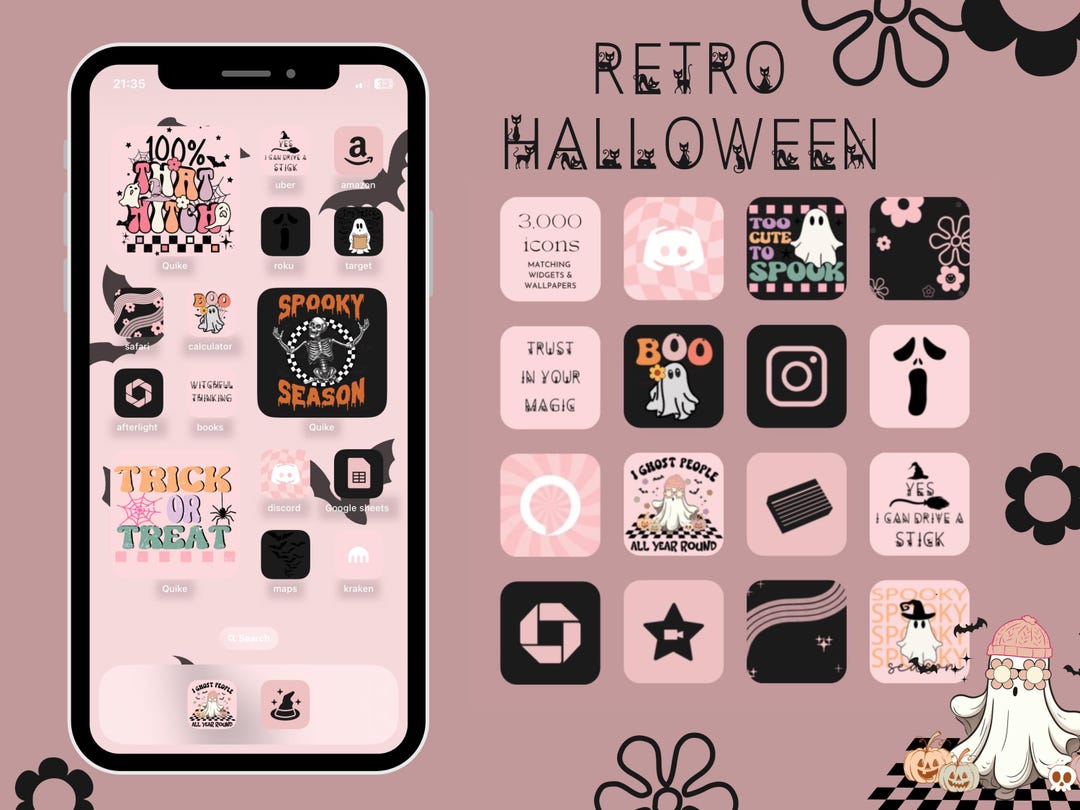 App Icons Retro Halloween, Pink, Orange, Black Ghost Web Widget ...