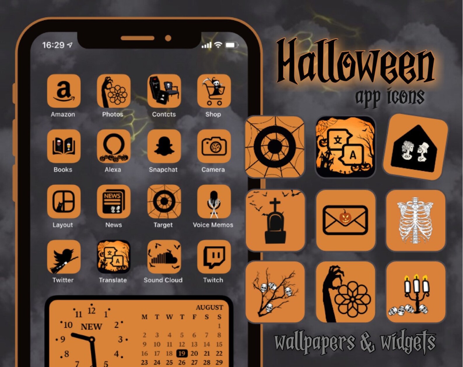 Halloween Hand Drawn App Icons Orange Black Aesthetic Theme Spooky ...