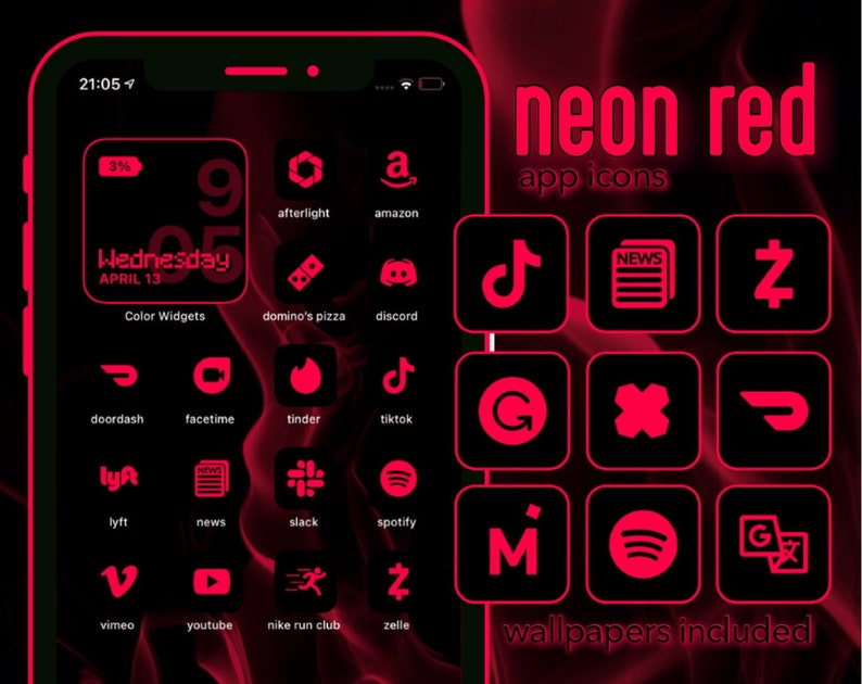 App Icons Neon Red Black App Covers Custom Your Home Screen - Etsy