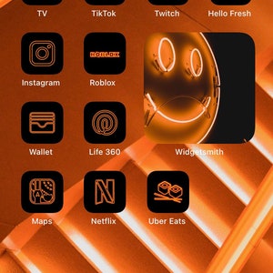 Neon Orange App Icons, Black Minimal, Glow Trendy Theme, Aesthetic ...