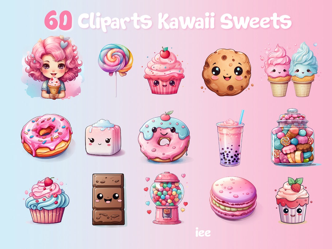 Clipart Kawaii Sweets PNG Files, Cute Cake Candy Strawberry, Chocolate ...
