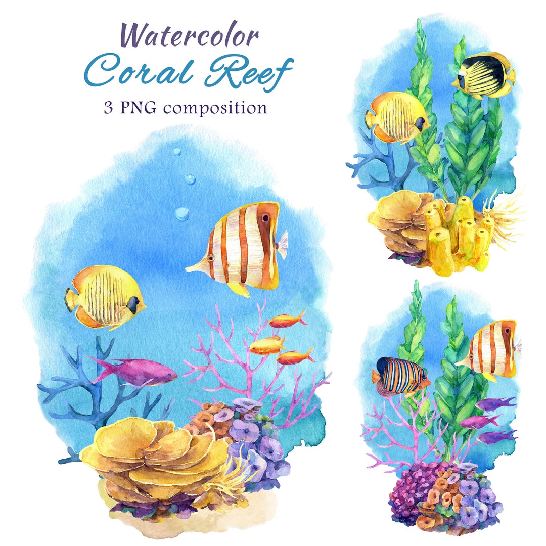 Watercolor Coral Reefs Clipart Set Stone Corals Sea - Etsy Finland