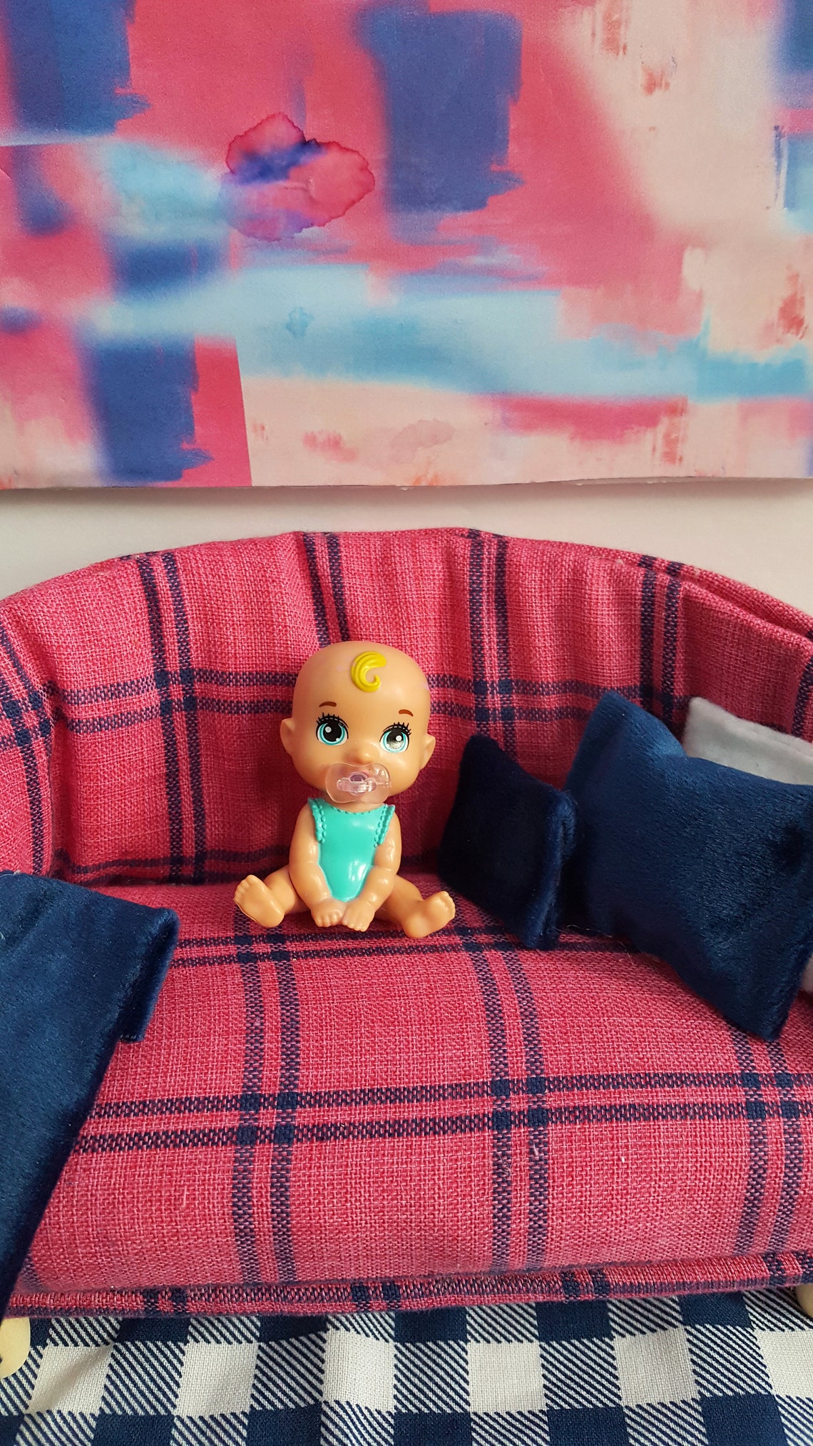 Miniature Sofa, Dollhouse Sofa, Miniature Couch, Plaid Doll Couch ...