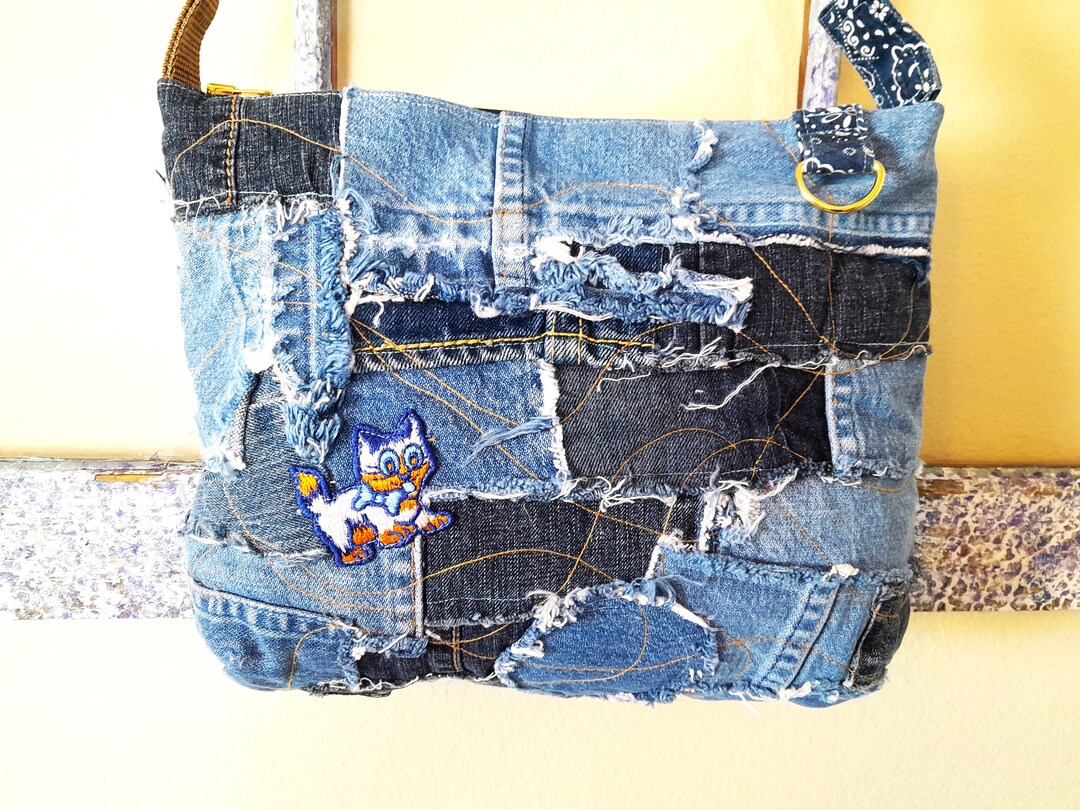 Repurposed Jeans Crossbody Bag, Raw Edge Zippered Top Jeans Purse - Etsy
