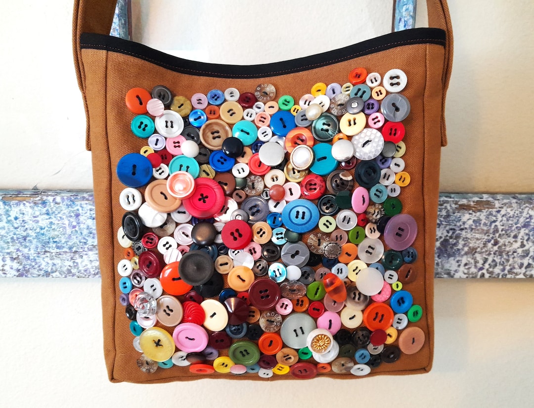 Buttons Purse With Zippered Top Canvas Crossbody Bag, Button Art Cross ...