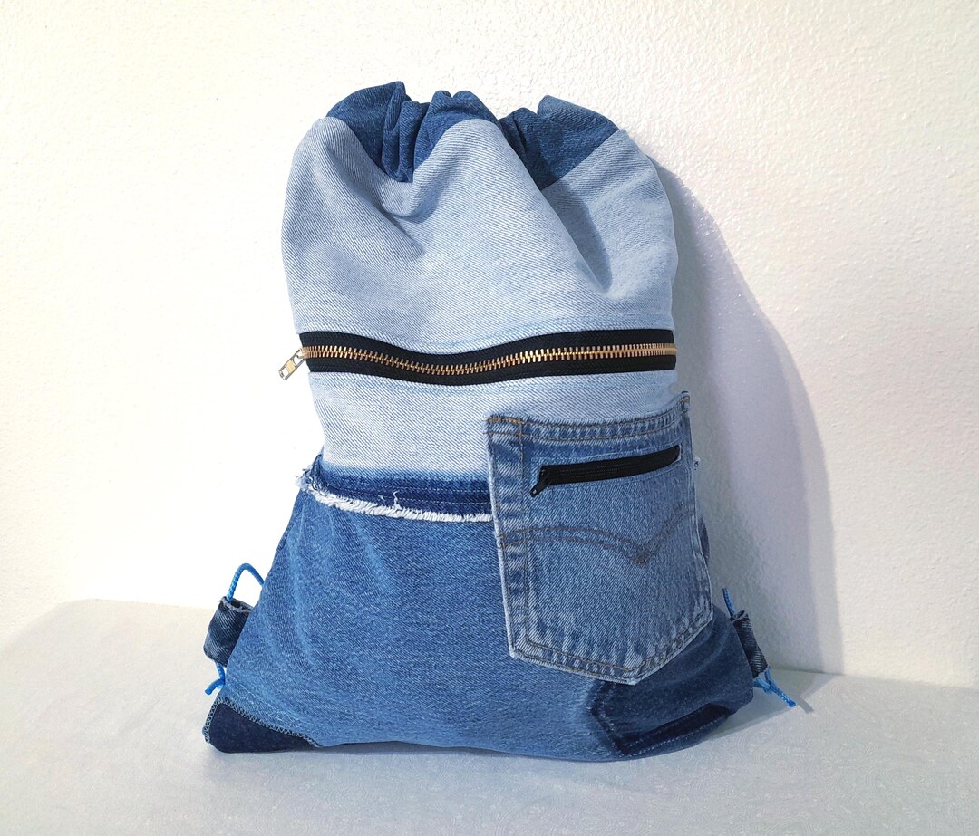 Denim Backpack, Repurposed Jeans Drawstring Back Pack - Etsy