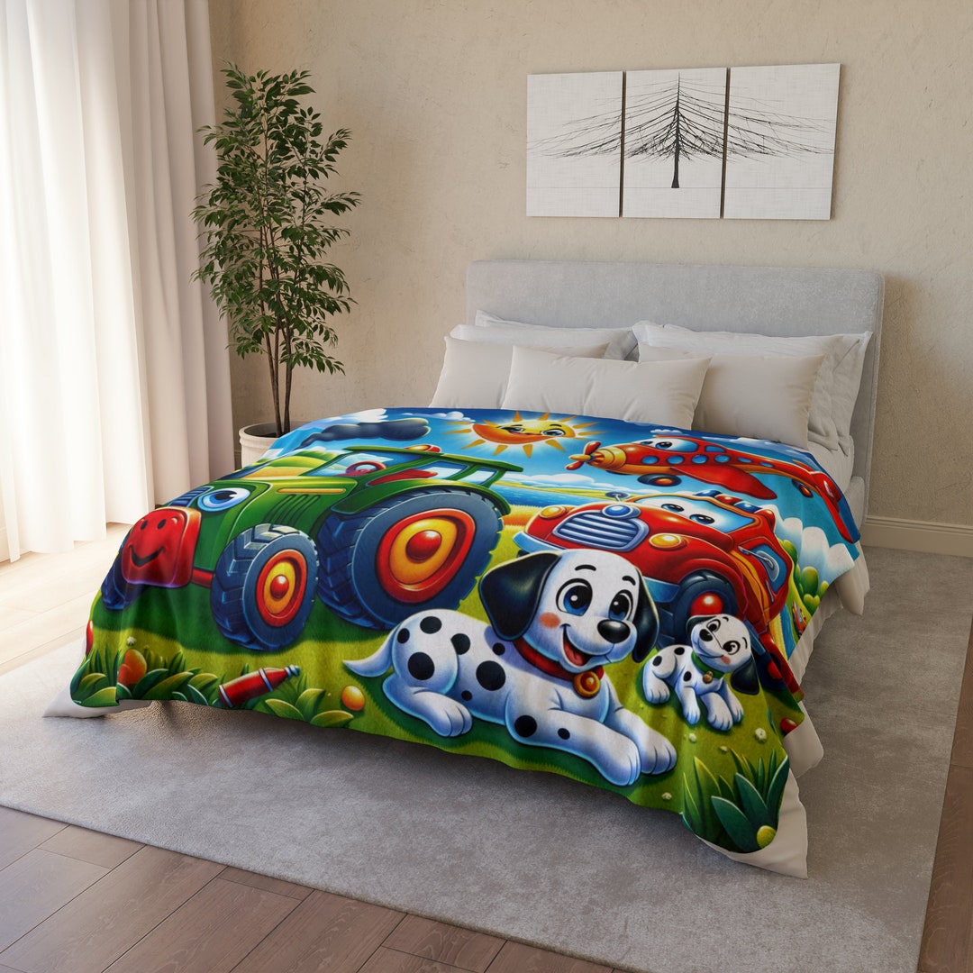 Maddox Farm Adventure Kids Sherpa Blanket Fire Truck Tractor Dalmatians ...