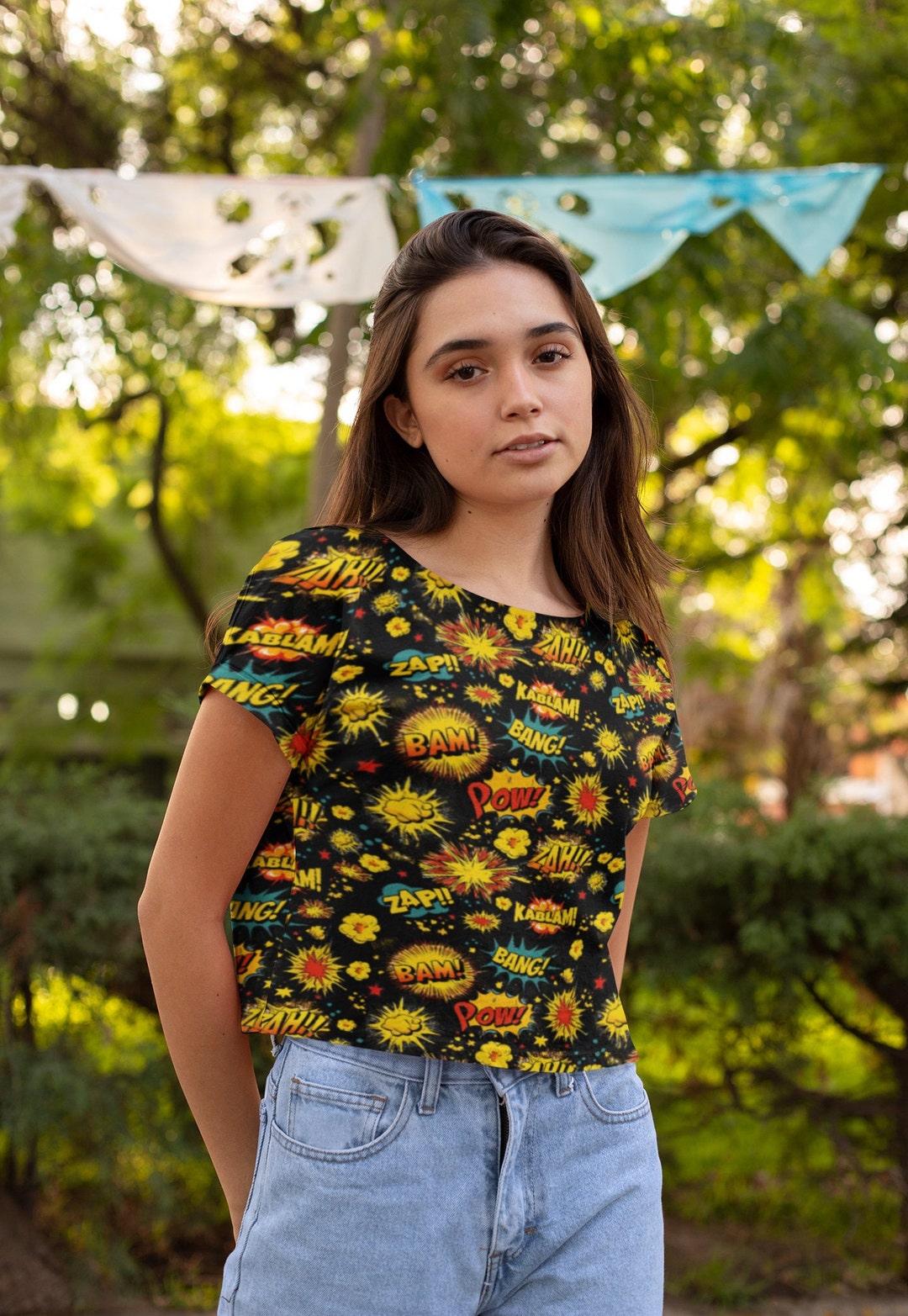 Comic Pop Art Graphic Crop Top Super Heroes Bold Cartoon Print Midriff ...