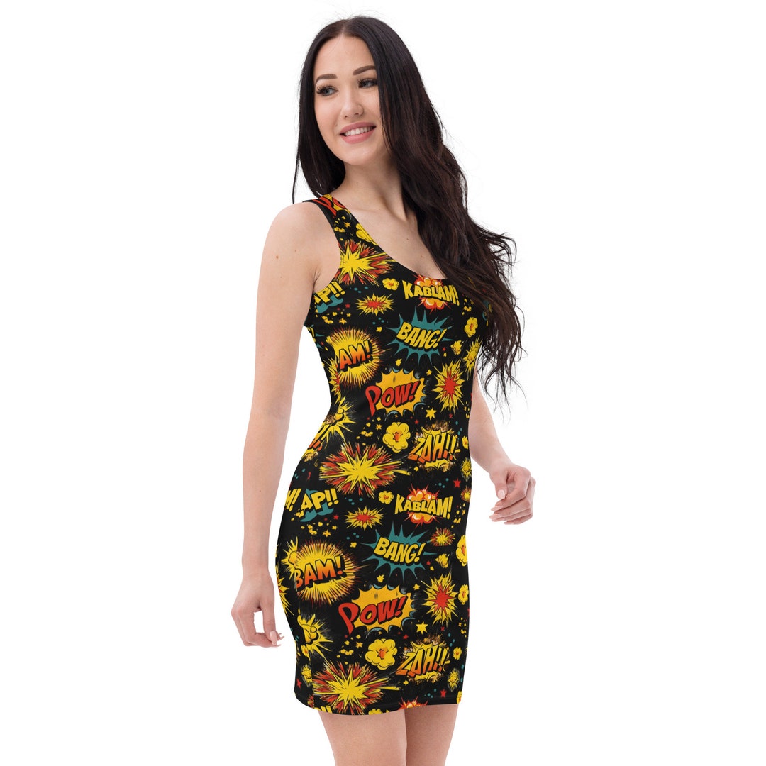 Comic Pop Art Graphic Body Con Dress Super Heroes Bold Cartoon Print ...