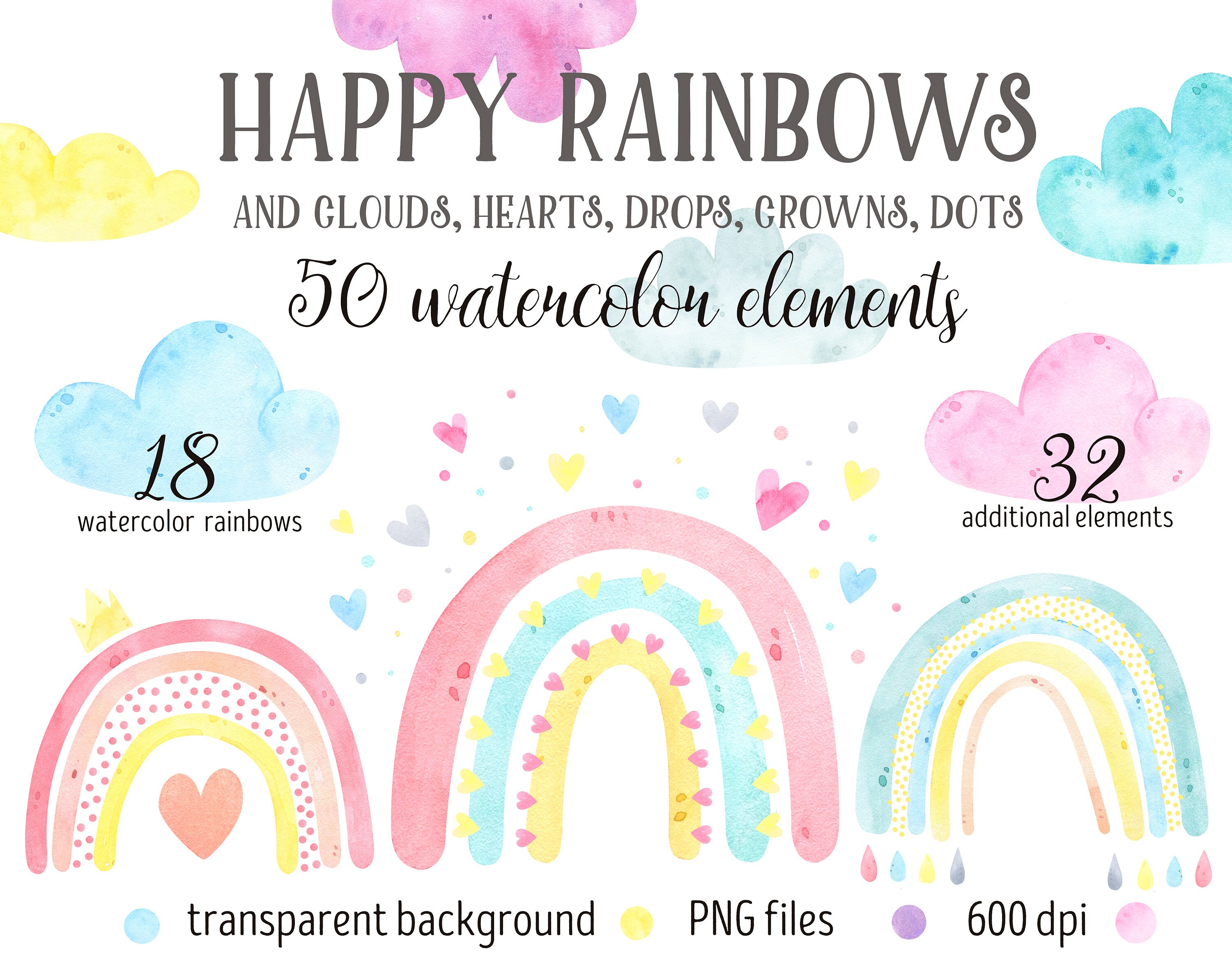Watercolor Rainbow Clipart. Pastel rainbow clouds hearts | Etsy