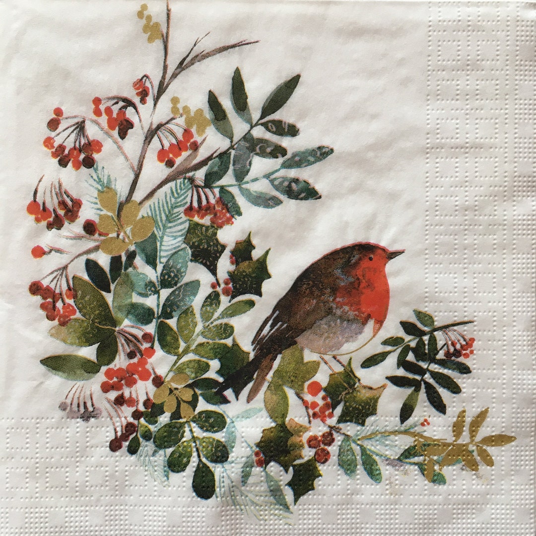 Individual Napkin ~ Robin in a Spray of Berries & Greens - Etsy