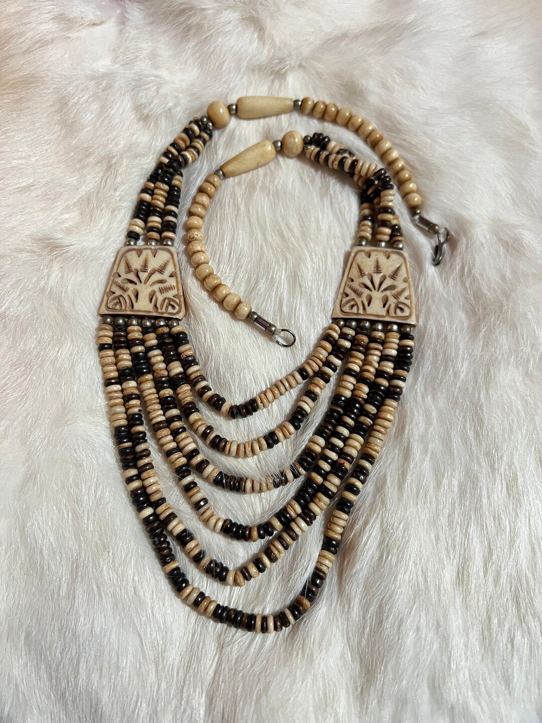 Tribal Style Multi-strand Dyed Carved Bone Necklace With Brass Clasp ...