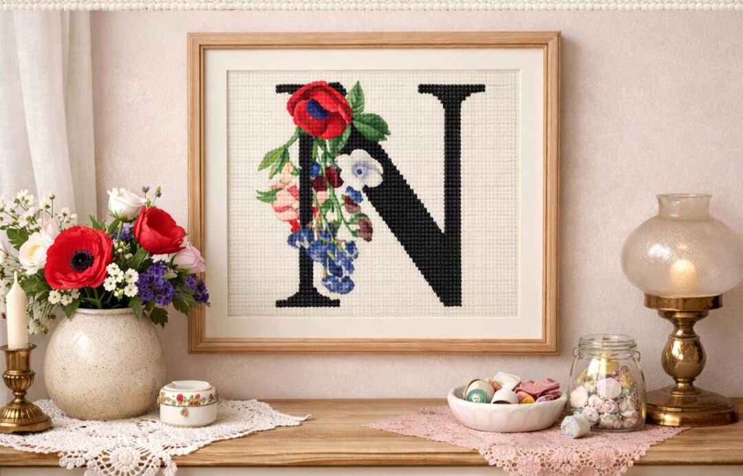 Floral Letter N Cross Stitch Pattern, Monogram (PDF, Instant Download ...