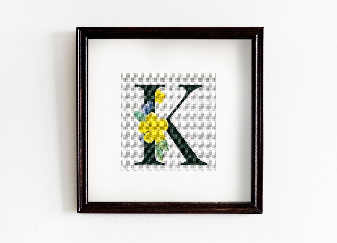 K Floral Letter Cross Stitch Pattern, Floral Monogram Cross Stitch ...