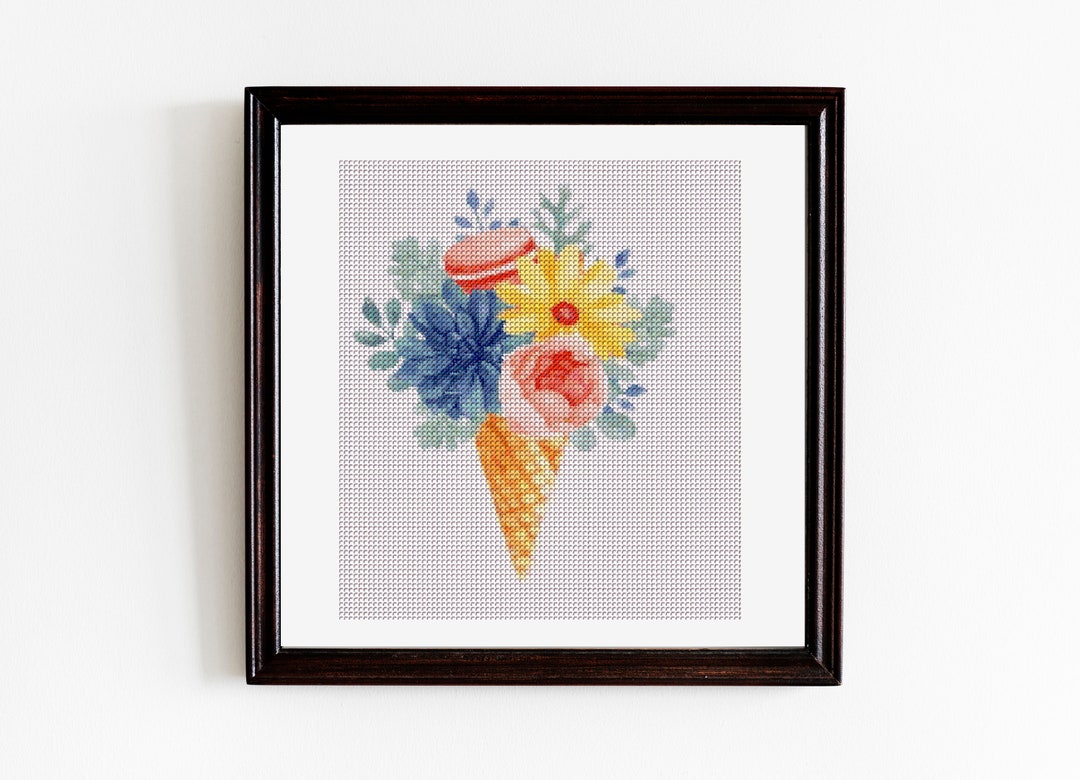 Ice Cream Cross Stitch Pattern, Watercolor Flowers Cone 2, Ice Cream ...