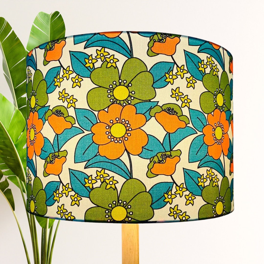 Floral Retro 70s Orange and Green Lampshade, Vintage Lampshade, Lamp ...