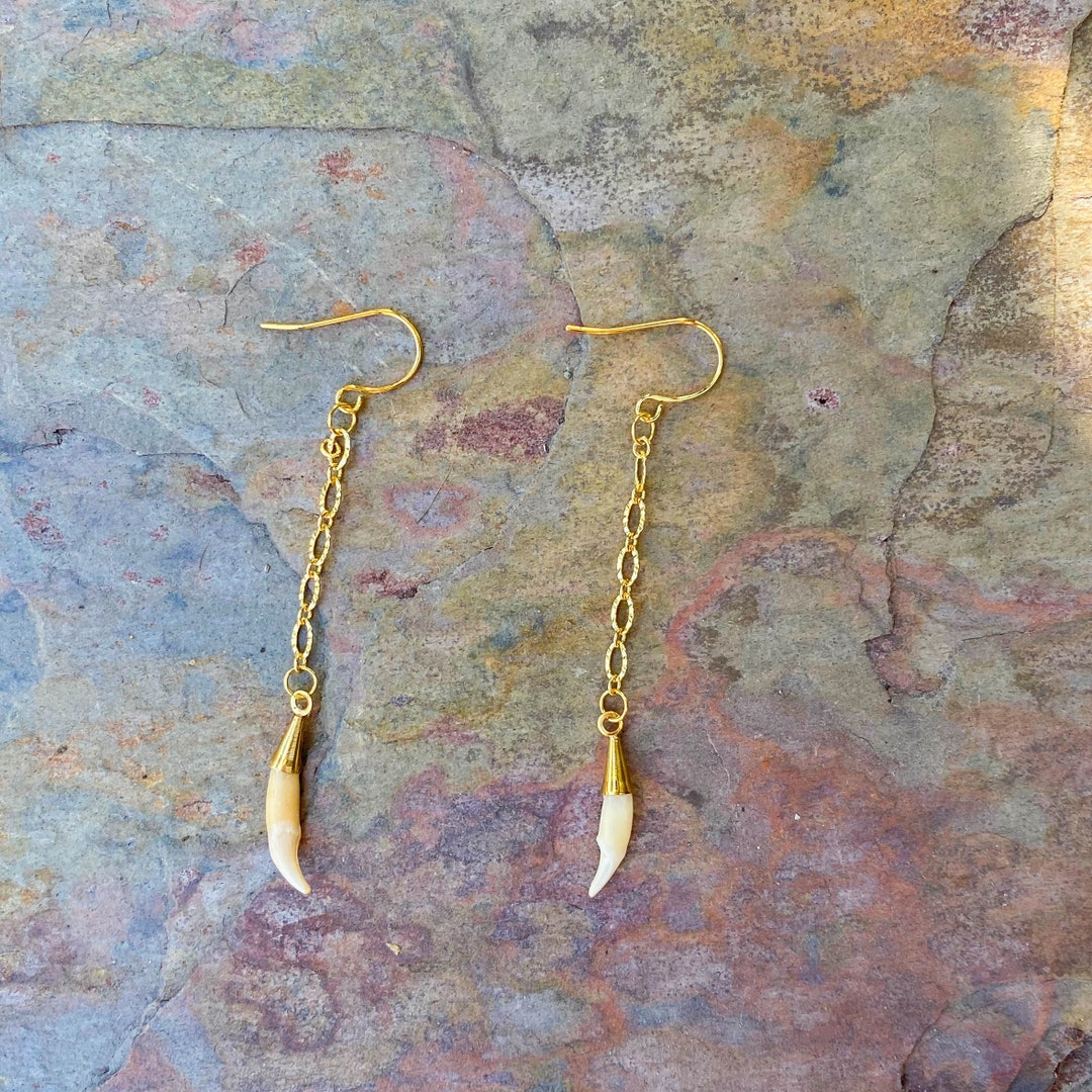 Gold Dangle Earrings - Animal Bone Earrings - Animal Teeth Earrings ...