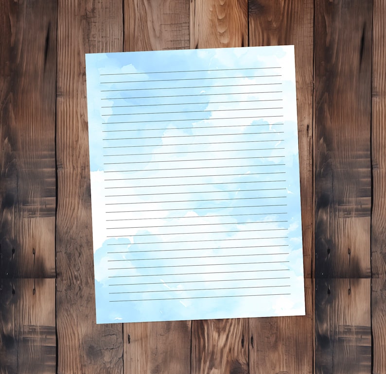 Printable Blue Cloud Watercolor Notebook Paper 8.5x11 or A4 Size Lined ...