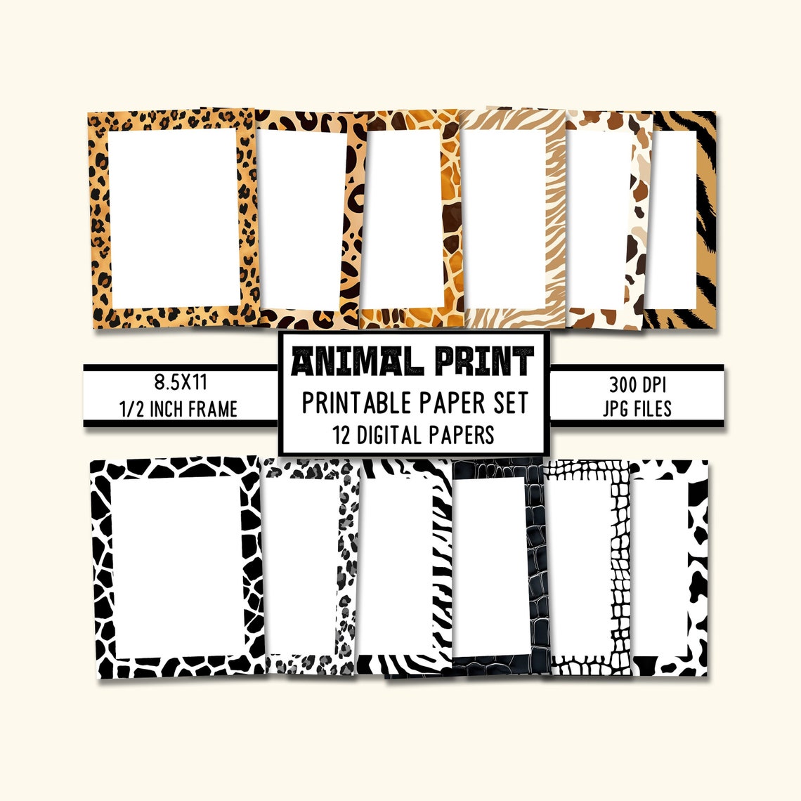 Printable Animal Print Digital Papers Blank Neutral Safari Theme With 1 ...