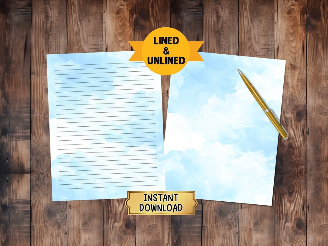 Printable Blue Cloud Watercolor Notebook Paper 8.5x11 or A4 Size Lined ...