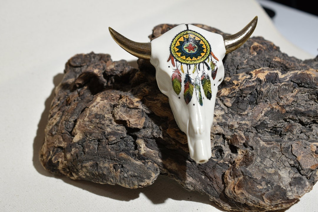 Cow Skull, Dream Catcher Design, Handmade, Ceramic, Golden Horns ...