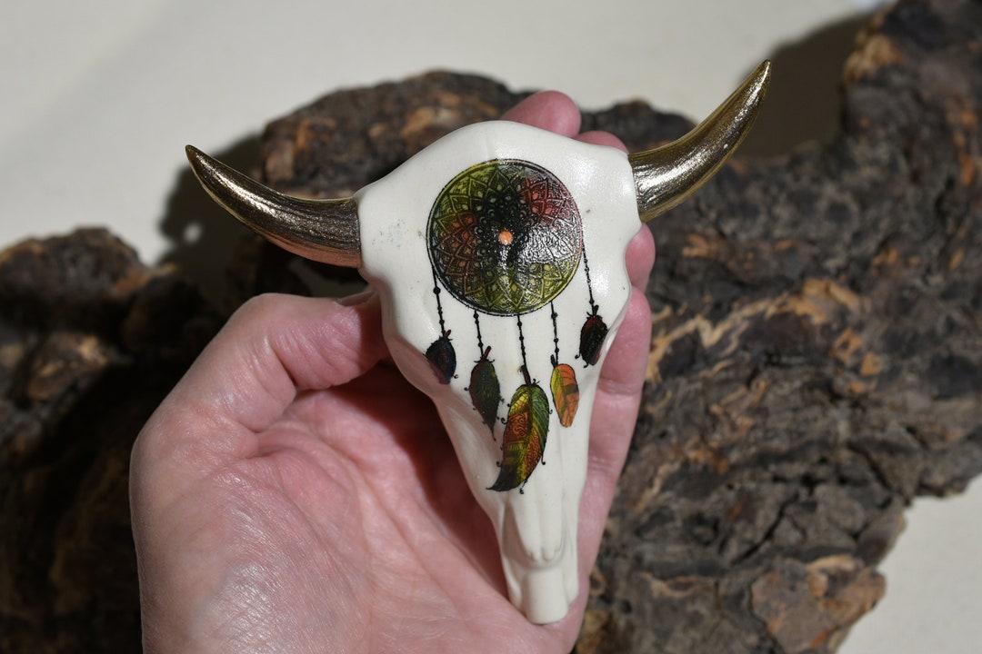 Cow Skull, Dream Catcher Design, Handmade, Ceramic, Golden Horns ...