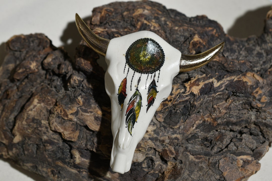 Cow Skull, Dream Catcher Design, Handmade, Ceramic, Golden Horns ...
