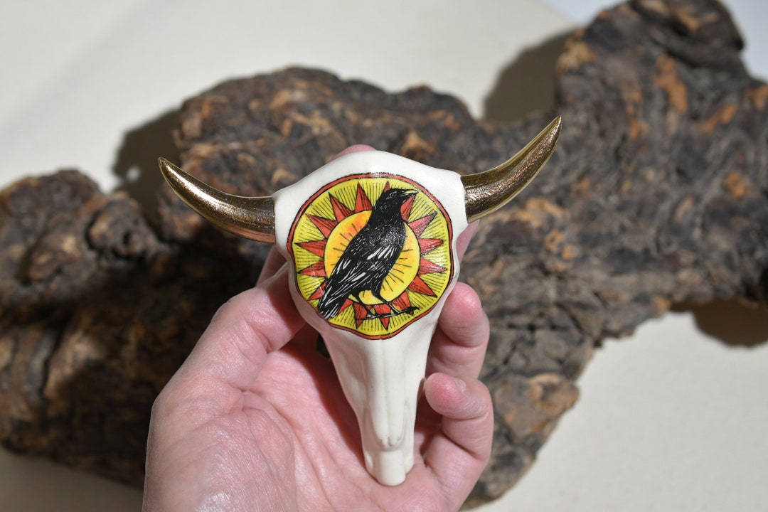 Cow Skull, Black Crow Design, Handmade, Ceramic, Golden Horns, Medium ...